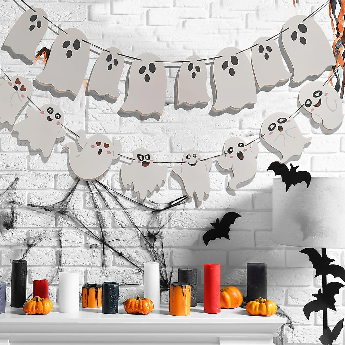 Comelodiant 2 Pack White Halloween Hanging Ghost Banner Halloween Ghost Garland for Haunted Houses Halloween Party Indoor Outdoor Decorations Home Mantel Decorations