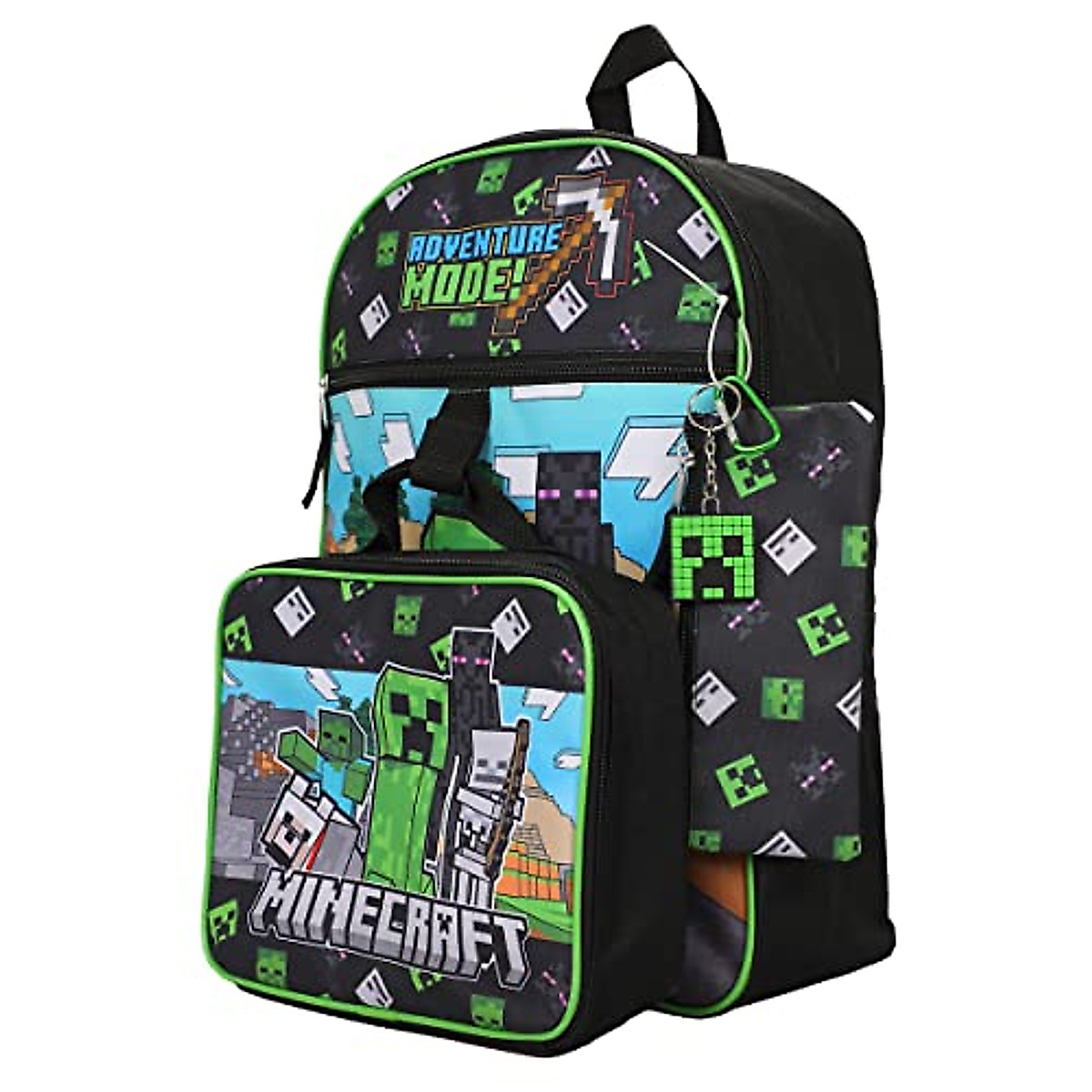 Minecraft 5-Piece Set: 16" Backpack, Lunchbox, Utility Case, Rubber Keychain, and Carabiner