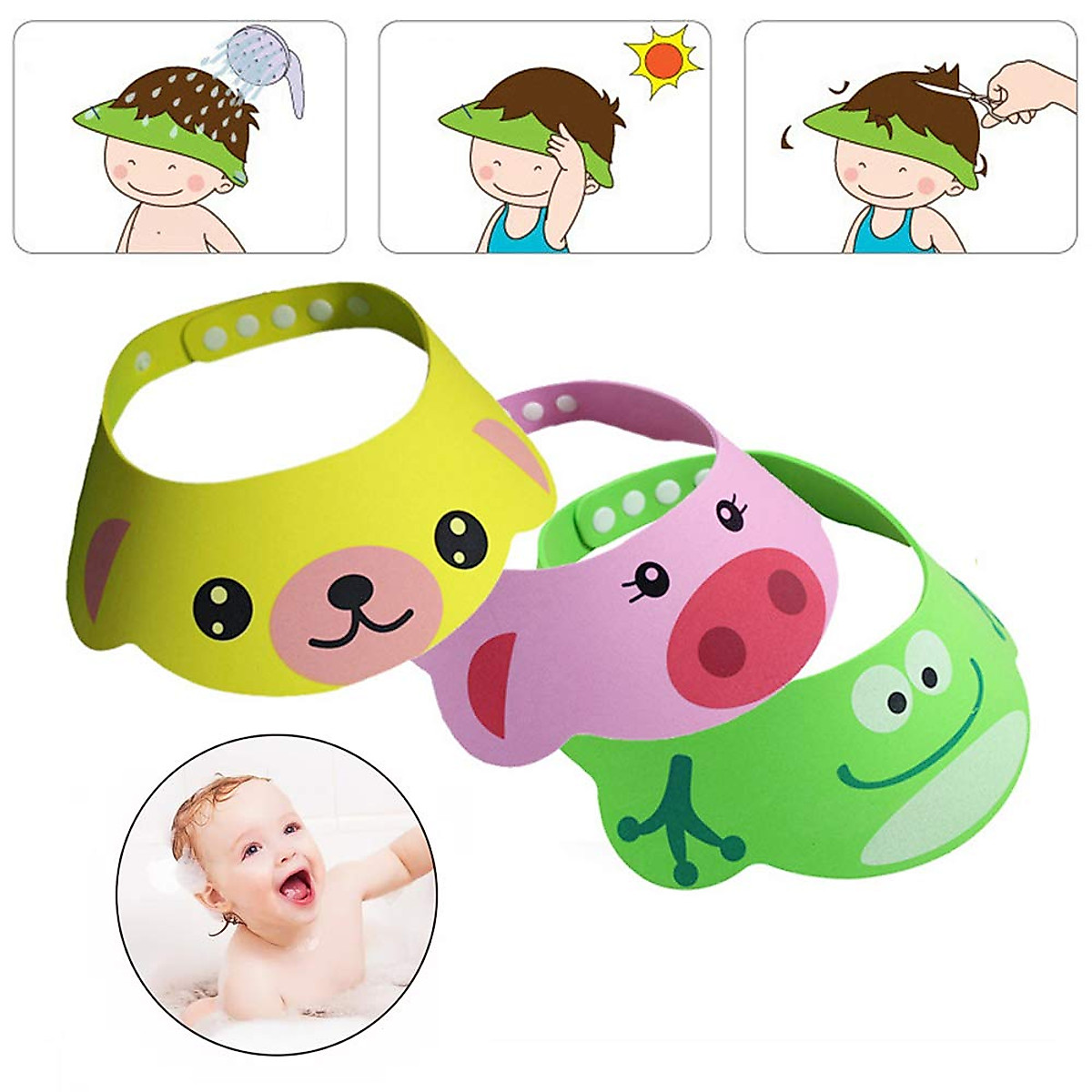 3PCS Baby Shower Bathing Cap Cartoon Frog Pig Bear Shampoo Hat Protection Bathing Visor Cap with Four Gear Adjustments By Rely2016