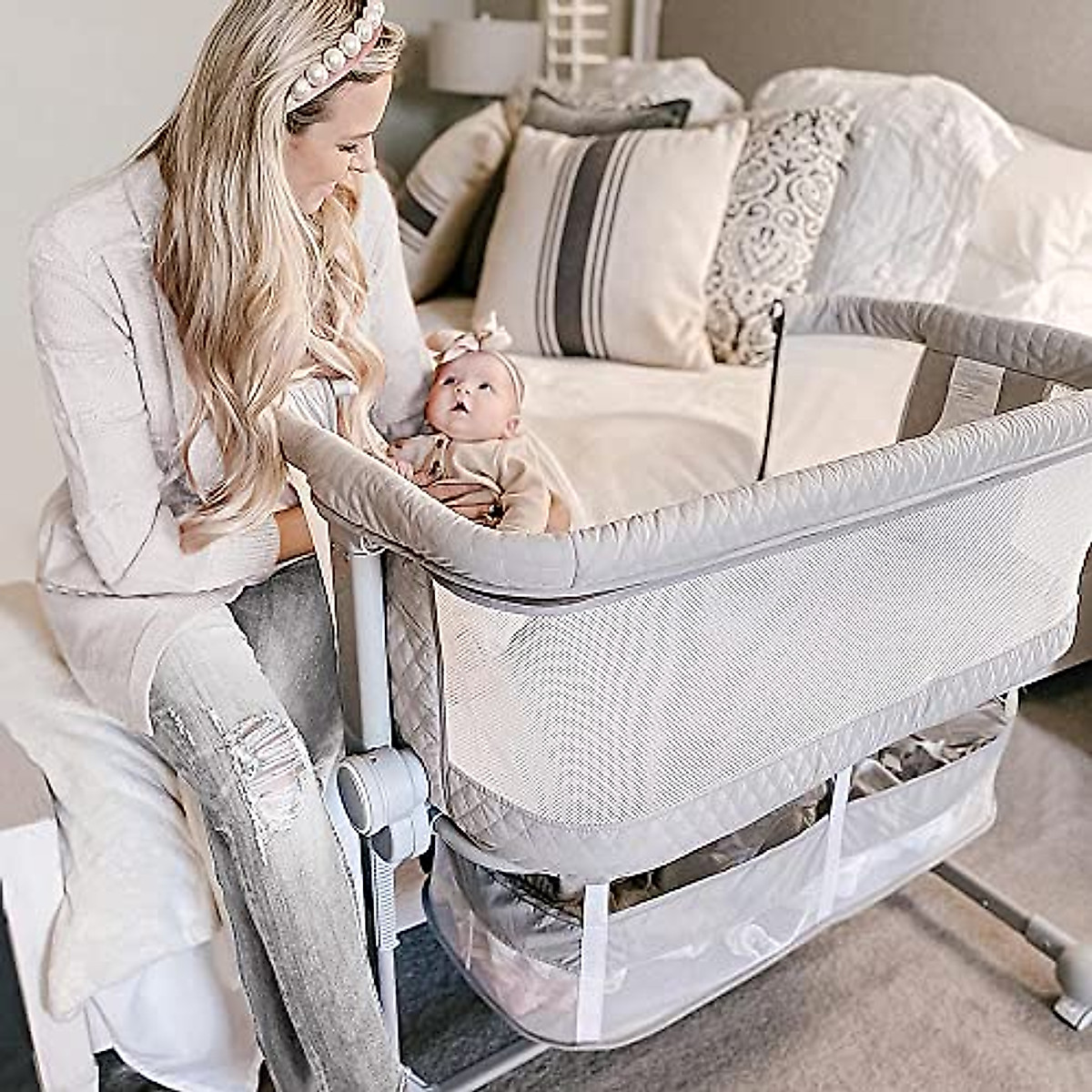 Baby Bassinets Bedside Sleeper, Bedside Crib 3 in 1 Adjustable Travel Baby Bed with Breathable Net and Mattress, Easy Folding Portable Bassinet for Baby