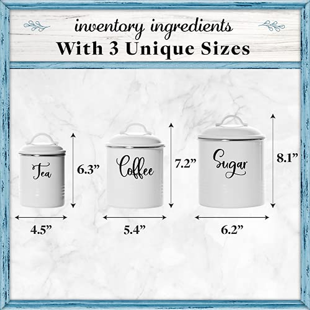 Home Acre Designs Kitchen Canisters Set of 3 - Airtight Tea, Sugar & Coffee Containers - Rustic Farmhouse Canister Jars - White