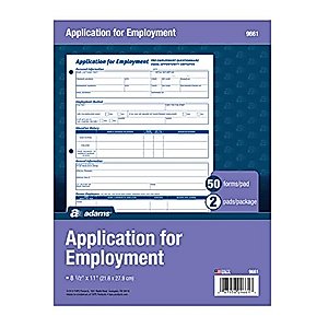 Adams Applications for Employment, 8.5 x 11 Inch, 3-Hole Punched, 50-Sheets/Pack, 2-Pack, White (9661)