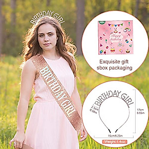 Birthday Crowns for Women, Birthday Girl Sash and Birthday Tiara for Women Girls Set, Birthday Girl Headband Princess Rhinestone Crown,Sweet Happy Birthday Party Decorations Hair Accessories,Rose Gold