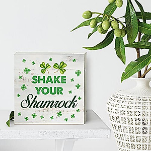 Shake Your Shamrock Wood Box Sign Home Decor Rustic St. Patrick's Day Quote Wooden Box Sign Block Plaque for Wall Tabletop Desk Home Office Decoration 5" x 5"
