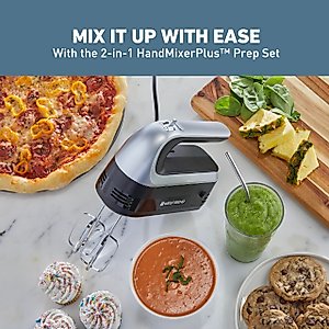 West Bend Hand Mixer Plus with Immersion Blender Attachment, 6 Speed Options with Ergonomic Handle and Snap-On Storage Case, 250-Watts, Black