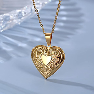 Vintage Engraved Flower Locket Picture Pendant Necklace Antique Carved Pattern Oval Heart Pendant Necklace For Women Hold Picture Souvenir Memorial Jewelry(Gold Heart 1)