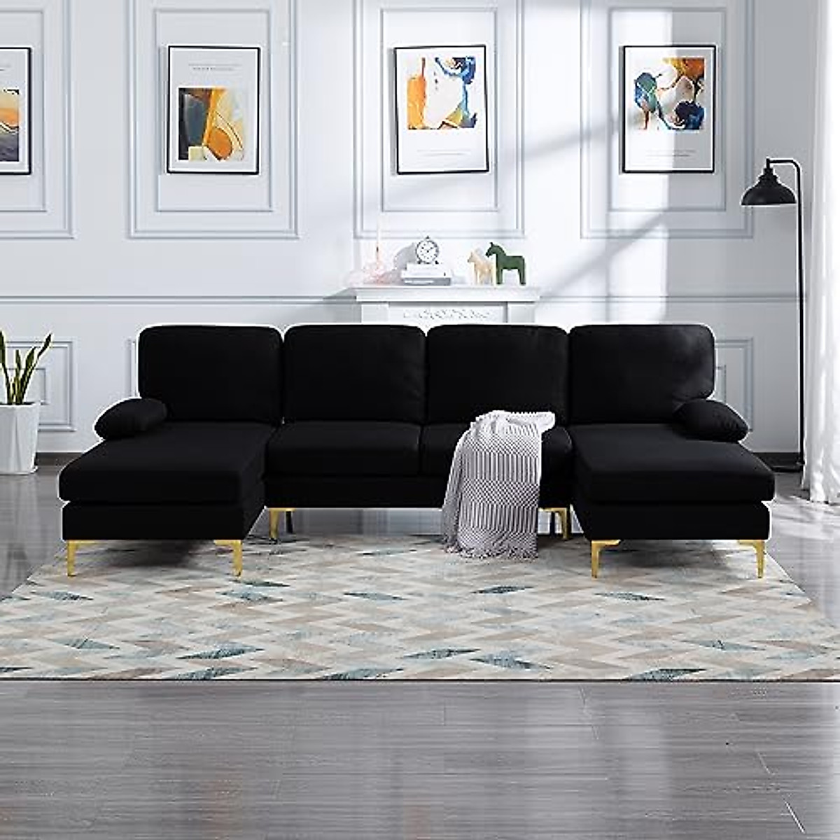 SONGG 107.9” U Shaped Sectional Sofa with Double Extra Wide Chaise, w/Removable Back & Seat Cushions, for Living Room, Office, Apartment, Black