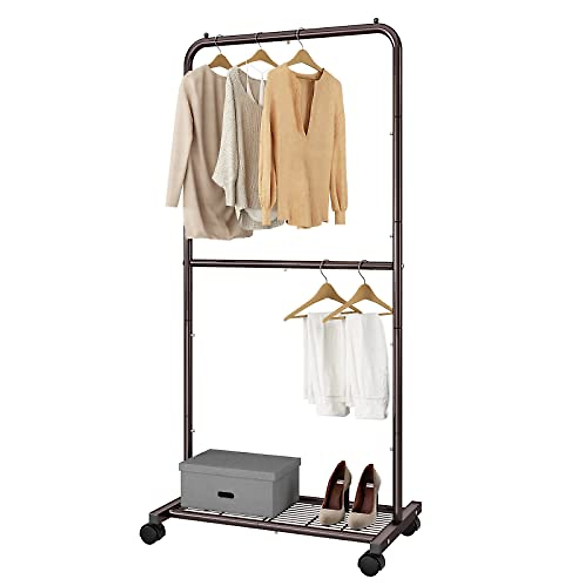 Simple Trending-Double Rod Clothing Garment Rack, Rolling Clothes Organizer on Wheels for Hanging Clothes, Bronze