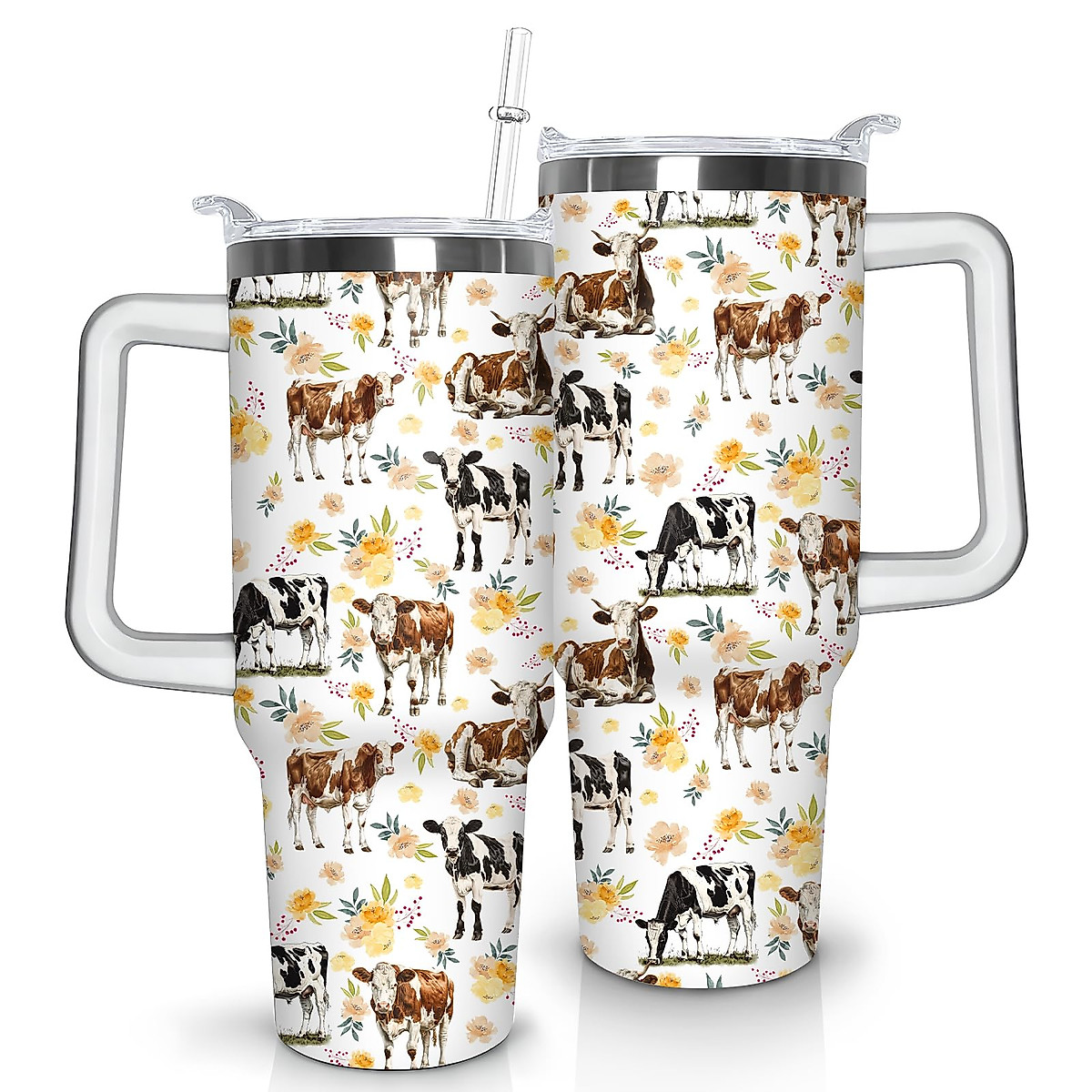 thmasamwr Cow Print Tumbler with Lid and Straw, Stainless Steel 40oz Tumbler with Handle, Cow Print Travel Coffee Mug Water Bottle, Highland Cow Gifts Cups for Women and Girls