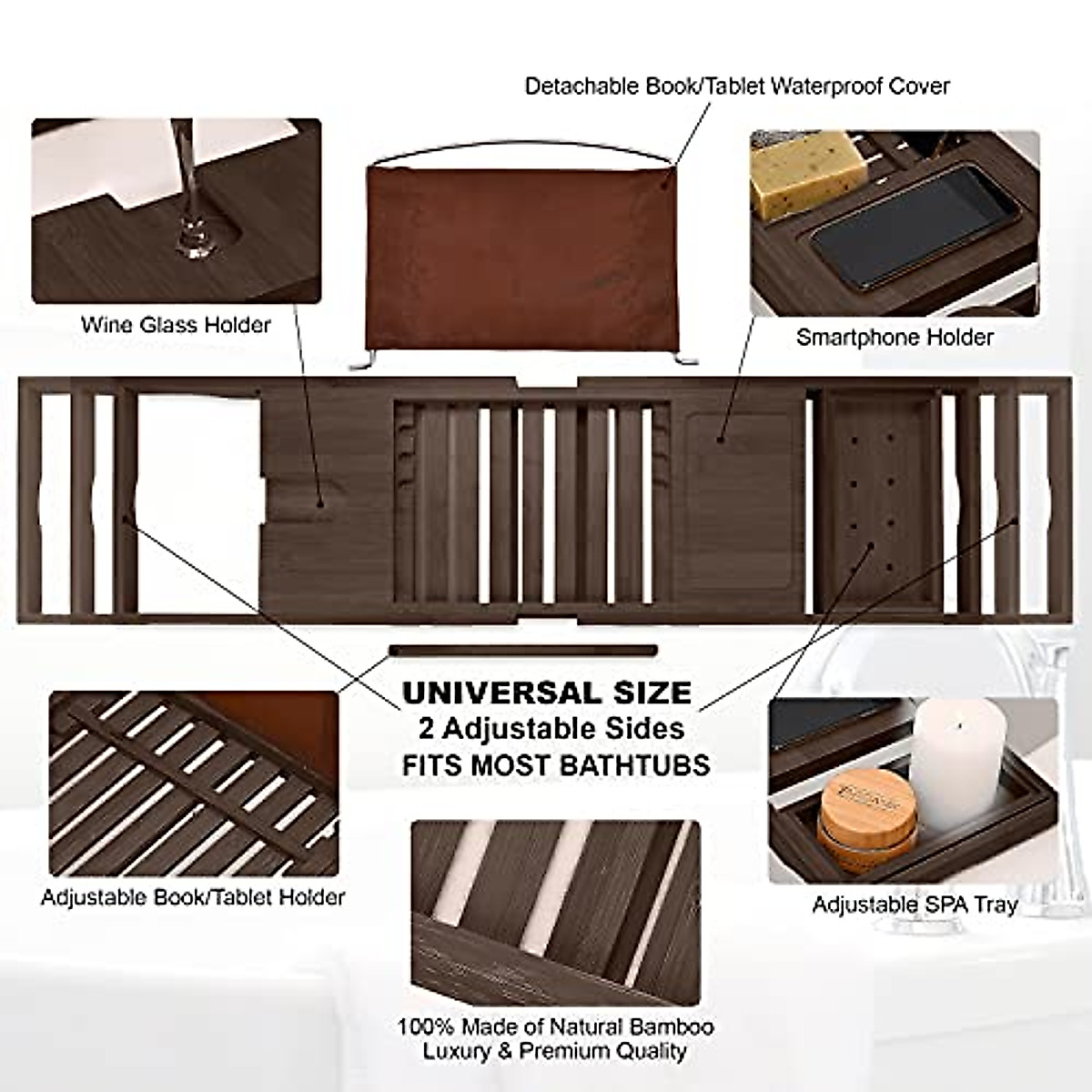 Homemaid Living Luxury Bamboo Bath Tray for Bathtub - Expandable Bathroom Tray with Reading Rack or Tablet Holder, Premium Bath Tray with Wine Glass Holder, Bathroom Caddy, Fits All Bathtubs (Brown)