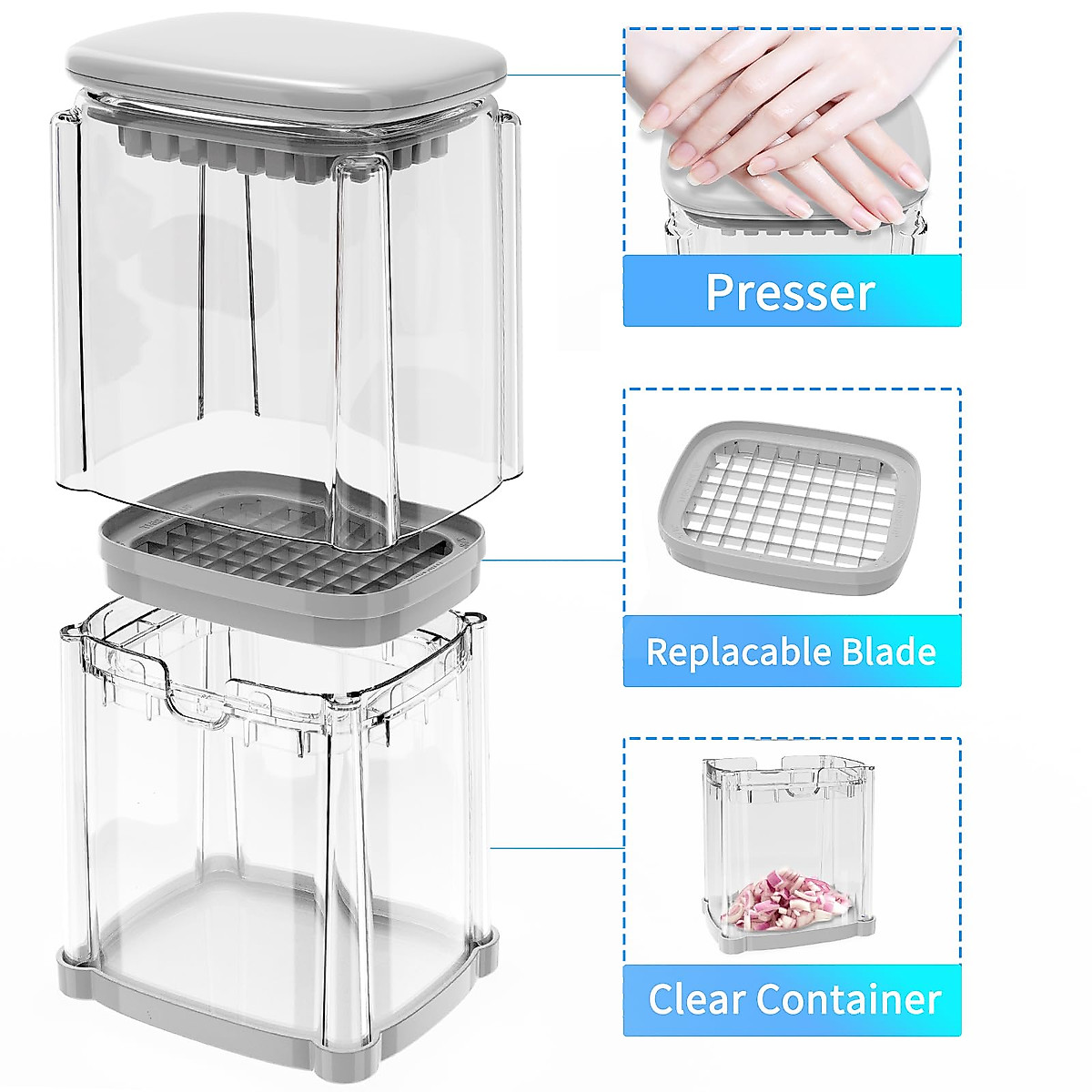 French Fry Cutter 4-in-1 Food Dicer Chop Box, Potato Cutter for Fries Potato French Fry Onion Cutter Food Chopper Manual Hand Vegetable Cutter Dicer Apple Slicer, 4 Blades