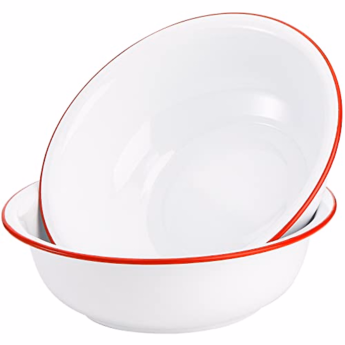 Elsjoy Set of 2 Enamel Bowl, 3 Quart Large Enamel Mixing Bowl White Enamelware with Red Rim, 11 Inch Vintage Enamel Soup Basin for Fruit, Salad, Pasta, Dinner