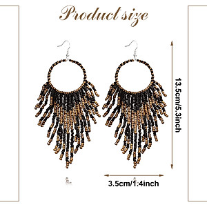 DoreenBow Long Beaded Tassel Black Earrings Boho Hoop Beaded Dangle Earrings Handmade Seed Bead Earrings Black and Gold Fringe Drop Earrings for Women and Girls