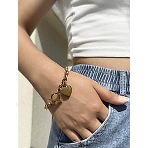WangGao Elegent Love Stainless Steel Link Chain Blank Heart Charms Bracelet for Women Fits 6.27-7.24'' Wrist Toggle Clasp Closure Gold