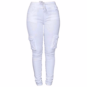 Andongnywell Womens Casual Stretch Drawstring Skinny Pants Cargo Jogger Pants High Waist Tie Butt Lift Pant with Pockets (White,X-Large)