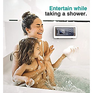 MoKo Shower Phone Holder, Waterproof Phone Wall Mount for Bathroom Bathtub Kitchen with Touchable Screen Wall Stickers Fit with iPhone 14/14 Pro, Galaxy S21, Smartphone up to 6.8", White & Chocolate