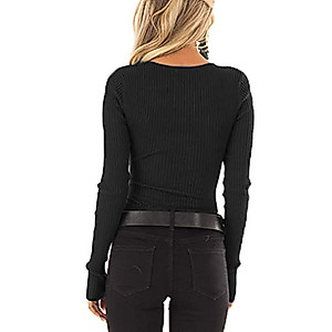 Tobrief Women's Henley Shirts Long Sleeve V Neck Ribbed Button Knit Sweater Solid Color Tops (M, Black)