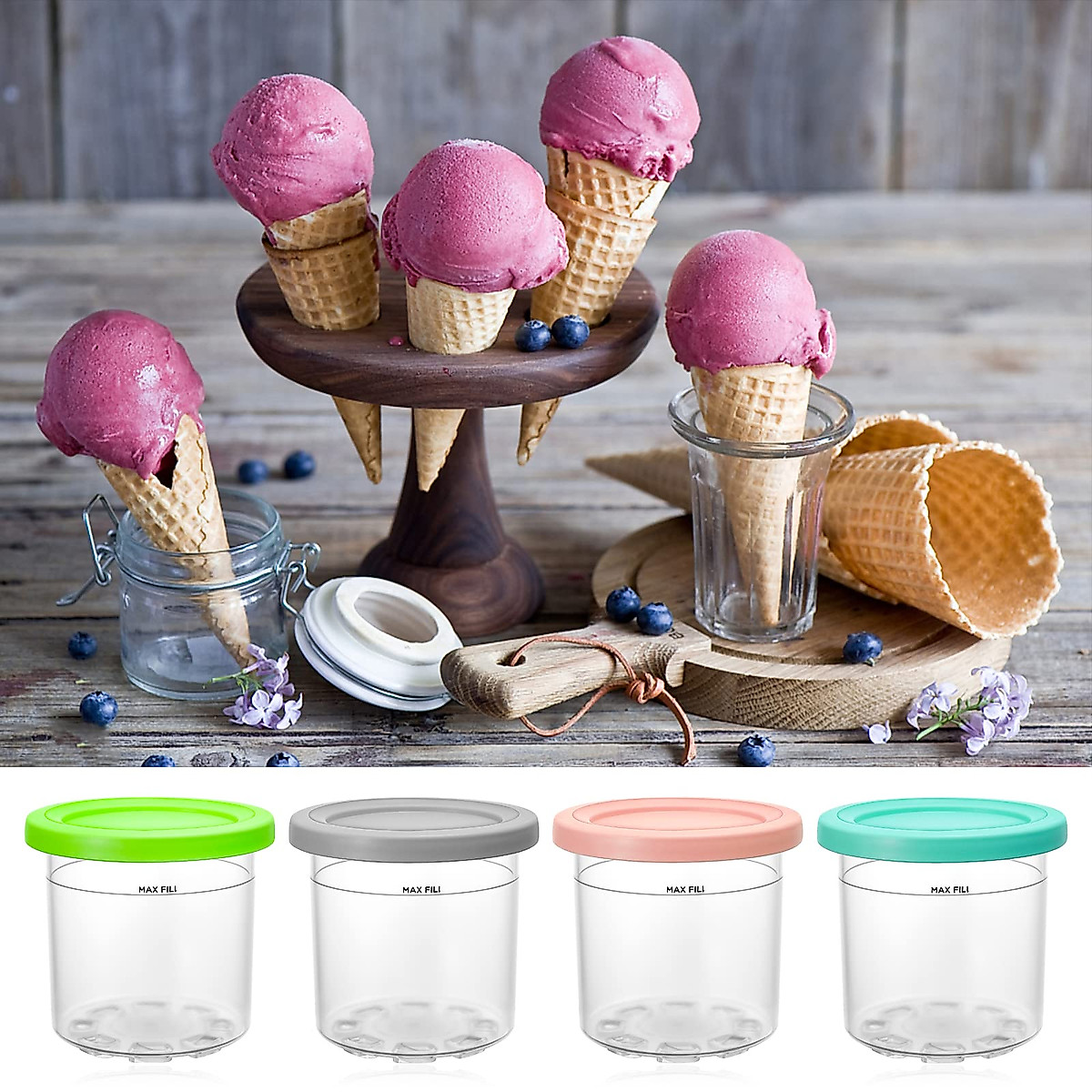 ELIUNG 4 Pack Ice Cream Pints Containers and Lids Compatible for Ni-nja XSKPLID2CD NC300 NC301 NC299AM C300s Series Creami Ice Cream Maker Fit For Ni-nja Creami Pint Containers
