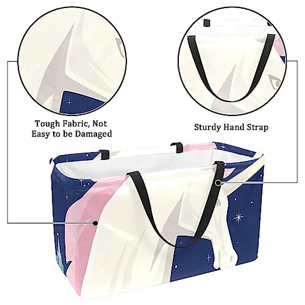 KQNZT Reusable Grocery Bags, Heavy Duty Reusable Shopping Bags, Large Tote Bags with Long Handles and Reinforced Bottom, Unicorn Cartoon Castle