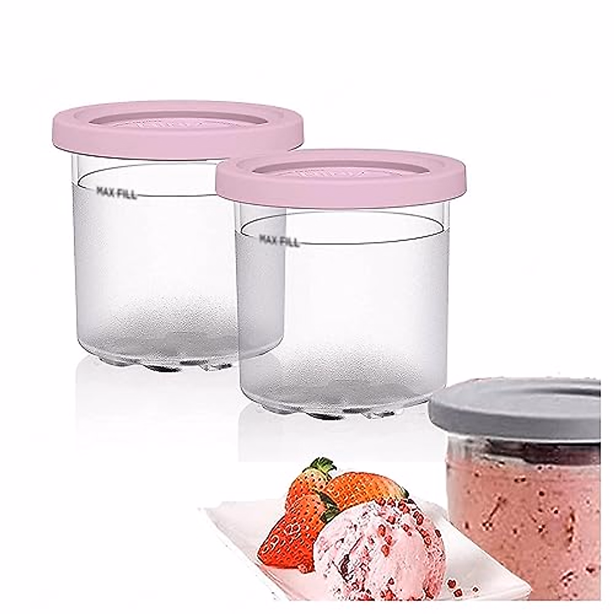 EVANEM 2/4/6PCS Creami Pints, for Creami Ninja,16 OZ Creami Pints Airtight,Reusable for NC301 NC300 NC299AM Series Ice Cream Maker,Pink-2PCS