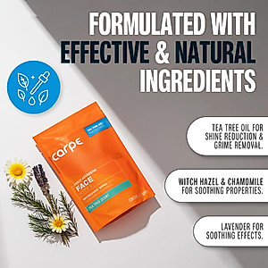 Carpe Sweat Absorbing Face Wipes (15 Facial Wipes). Witch Hazel & Tea Tree Oil Wipes Infused with Eucalyptus. Energizing, Refreshing, and Soothing. Sweat and Oil Control