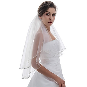 2T 2 Tier Silver Pearl Crystal Beaded Veil - Light Ivory Fingertip Length 36" V485