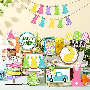20 Pieces Easter Tiered Tray Decor Easter Decorations Rustic Easter Decor Gnome Bunny Rabbits Eggs Wooden Spring Sign Decorative Trays Signs for Home Table Office Kitchen Farmhouse Party Tabletop