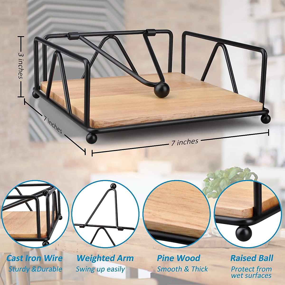 MOLEDINO Flat Napkin Holder for Kitchen Dining Table, Metal Black Napkin Holder with Weighted Arm Modern Sturdy Cast Iron Cocktail Bar Luncheon Beverage Napkin Holder Wooden Base Outdoor Picnic Party