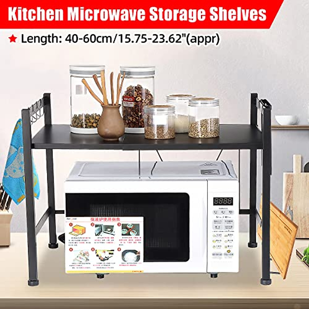 Microwave Kitchen Storage Rack - Telescopic Shelf for Simple Double-Layer Space-Saving Storage - Microwave and Stove Top Rack with Adjustable Design - Toaster Shelf Stand Kitchen Countertop Organizer