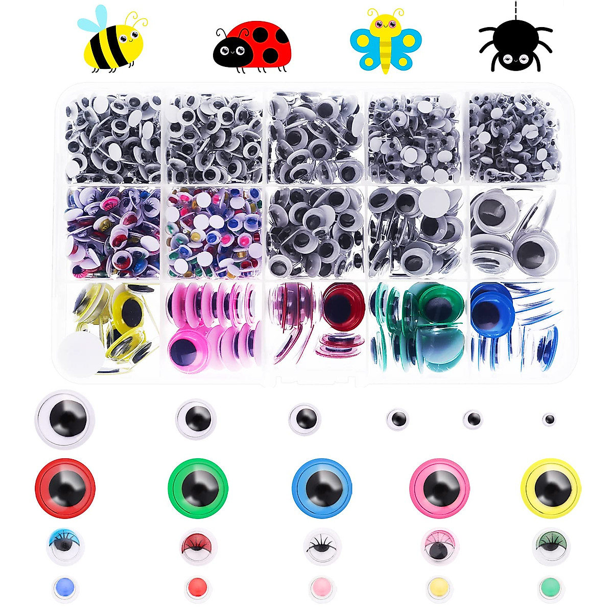 Prasacco 1500 Pcs Googly Eyes Self Adhesive, Wiggle Eyes for Crafts Multi-color Multi-size (4/5/6/8/10/15mm)