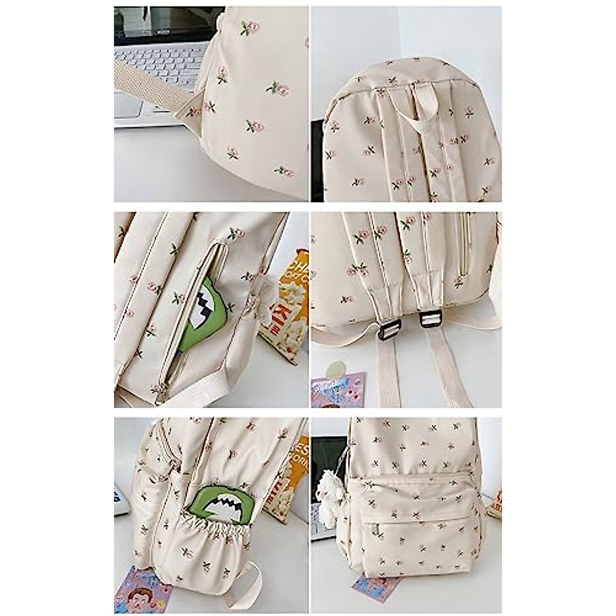 JHTPSLR Cottagecore Aesthetic Backpack with Plushies Pink Floral Preppy Backpack Flowers Backpack Cute Kawaii Backpack Book Bags (Beige)