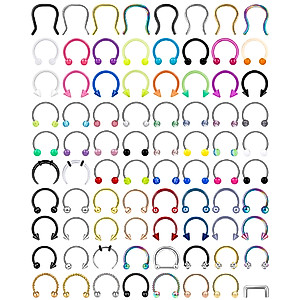 ONESING 80 Pcs, 16g, Septum Rings for Women Septum Piercing Horseshoe Nose Hoop Lip Tragus Cartilage Earrings Hypoallergenic Stainless Steel Body jewelry 10mm