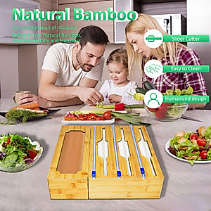 Bikerid Bamboo Wrap Dispenser with Cutter, Plastic Wrap Organizer, Aluminum Foil Organization, and Wax Paper Dispenser Holder for Kitchen Drawer and Wall, Compatible with 12" Roll