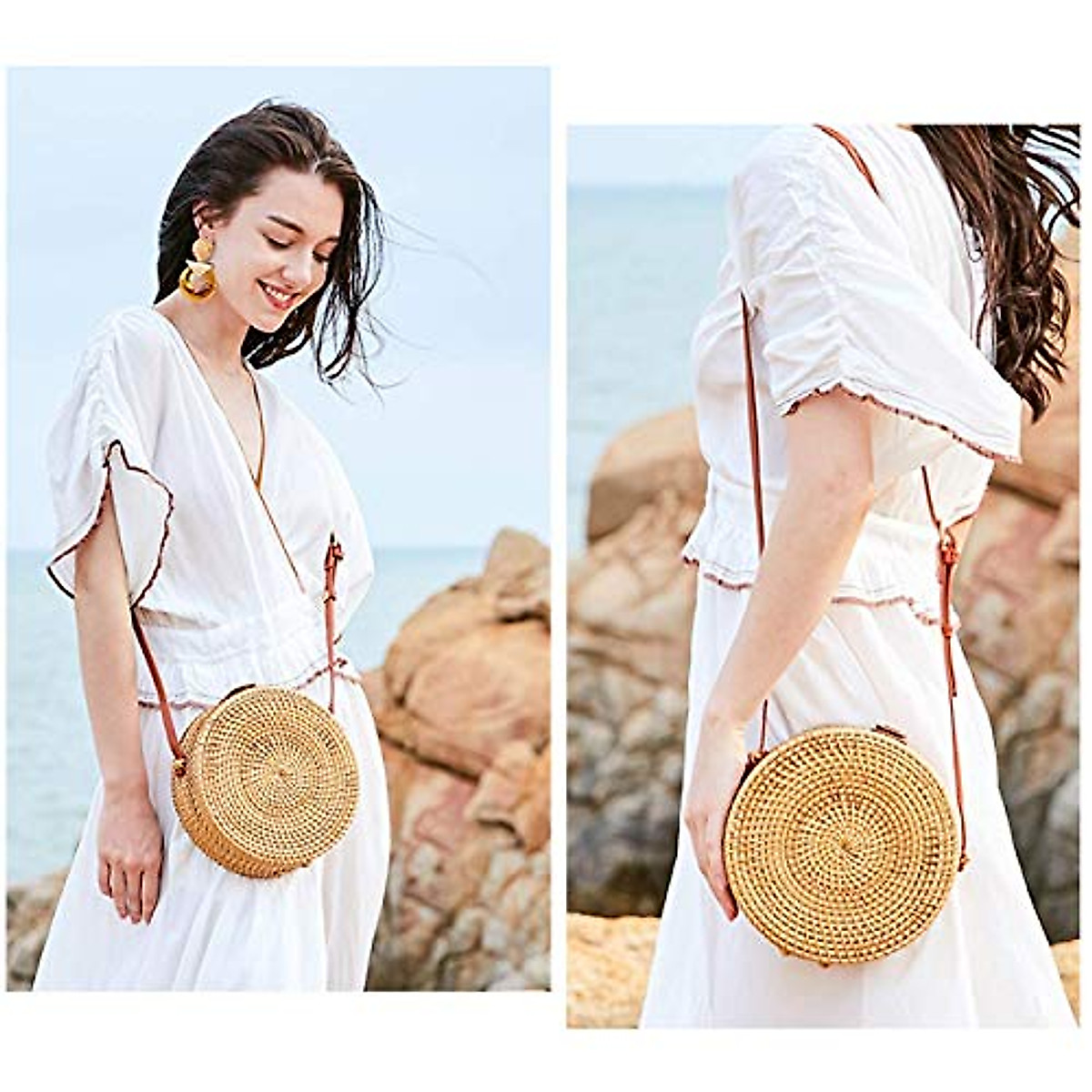 WOWLADY Round Rattan Bags Woman Handwoven Straw Purse Bag Crossbody Shoulder Leather Straps Natural Chic Leather Buckle