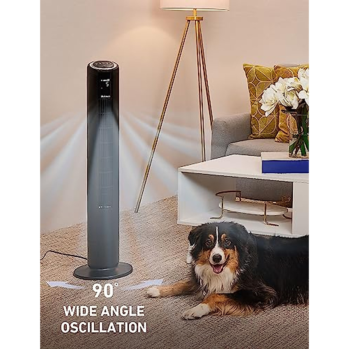 HOLMES 42" Digital Tower Fan with Accent Light, ClearRead Display, High/Low Brightness Level, 90° Oscillation, 5 Speeds, 4 Modes, 8-Hour Timer, Home, Bedroom or Office, Remote Control, Matte Black