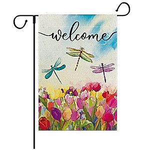 EDDERT Spring Summer Garden Flag Vertical Double Sided Watercolor Welcome Dragonfly Floral Flowers Rustic Farmhouse Yard Flag Outdoor Decoration 12 x 18 Inch