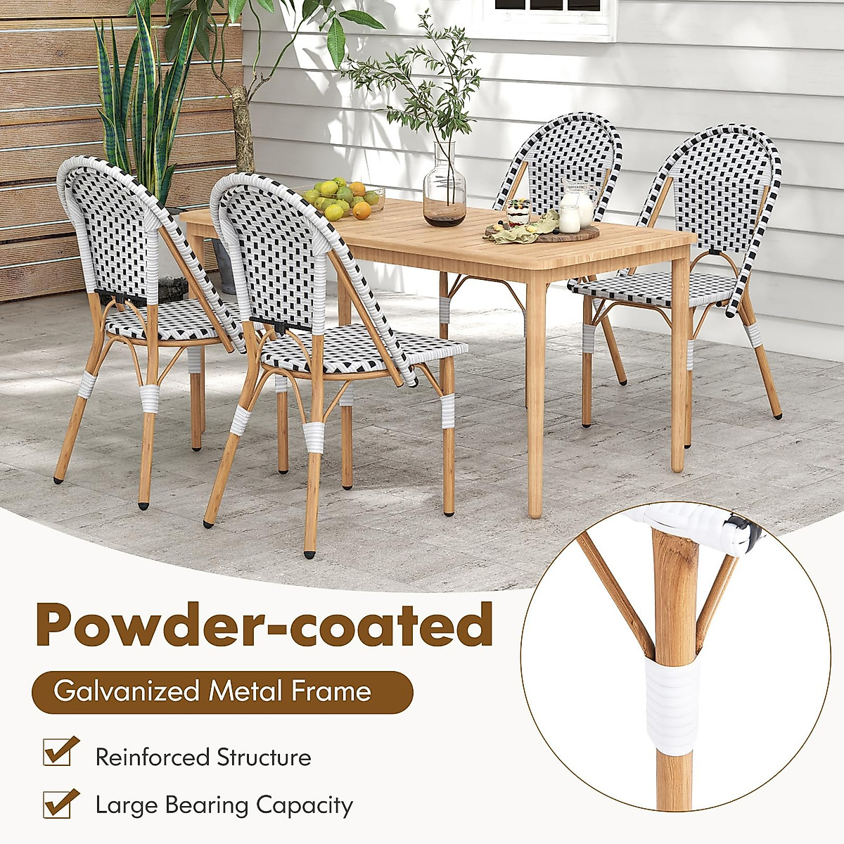 Tangkula French Bistro Chair Set of 4, Outdoor Armless Dining Chairs with Hand-Woven Rattan, Accent Chairs with Galvanized Metal Frame for Garden Kitchen Backyard Porch (Black & White)