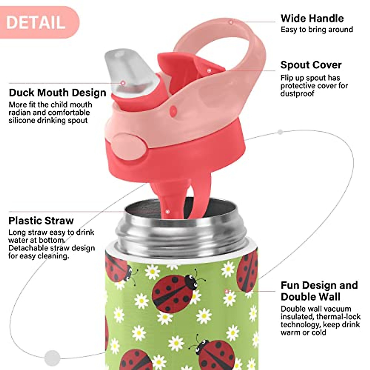 ALAZA Ladybug Kids Water Bottles with Lids Straw Insulated Stainless Steel Water Bottles Double Walled Leakproof Tumbler Travel Cup for Girls Boys Toddlers 12 oz,Pink