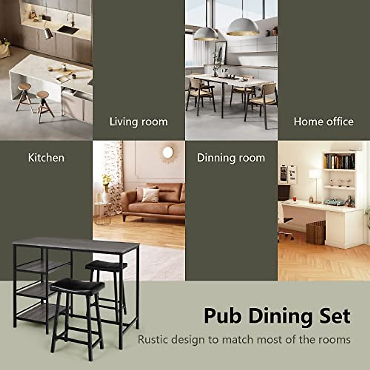 COSTWAY 3 Pieces Dining Table Set, Counter Height Pub Table Set with 2 Upholstered Bar Stools and 3 Shelves, Industrial Kitchen Table Set for Living Room, Restaurant