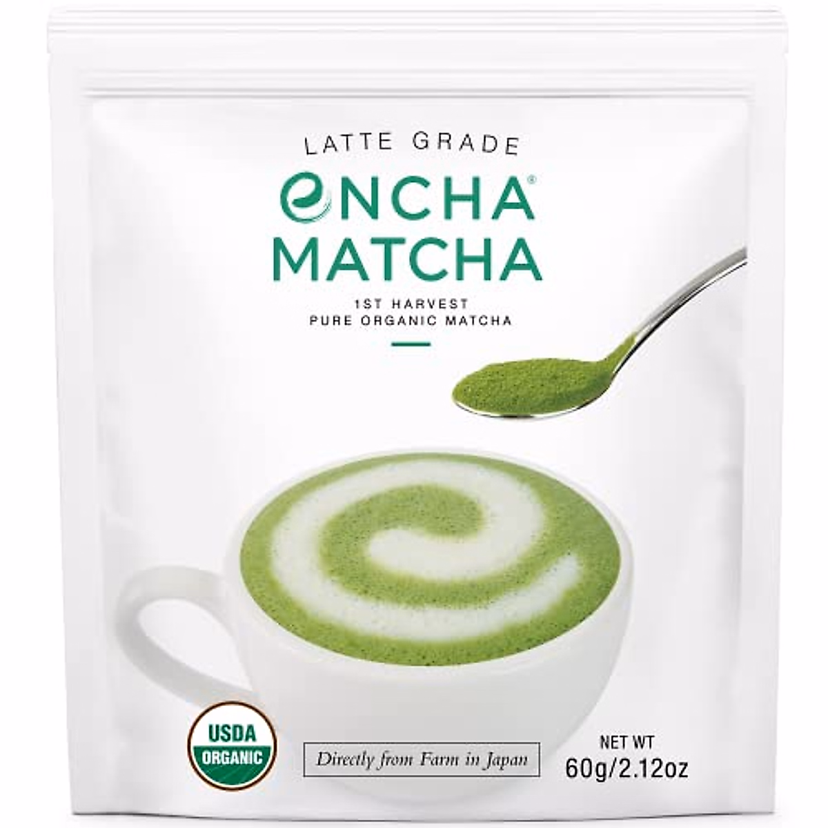 Encha Latte Grade Matcha Powder - Unsweetened, First Harvest, Organic Matcha Green Tea Powder From Uji, Japan (60g/2.12 Ounce) Premium Powder for matcha latte, smoothie | Caffeine, L-Theanine
