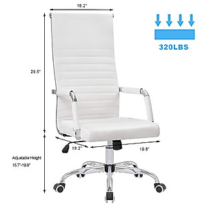 KaiMeng Ribbed Office High Back PU Leather Desk Adjustable Swivel Task Computer Chair with Armrest for Conference Study Leisure, White
