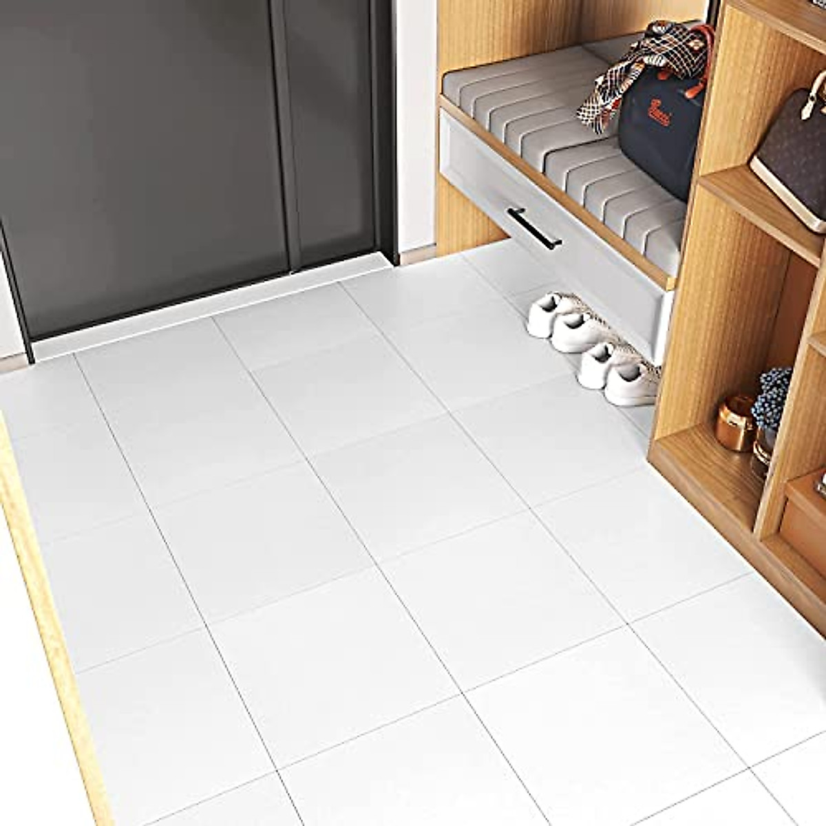 FunStick White Floor Tiles Peel and Stick Waterproof 12x12 In 15 Pcs White Vinyl Flooring Peel and Stick Bathroom Floor Tile Stickers Removable Stick on Laminate Linoleum Flooring for Kitchen Basement