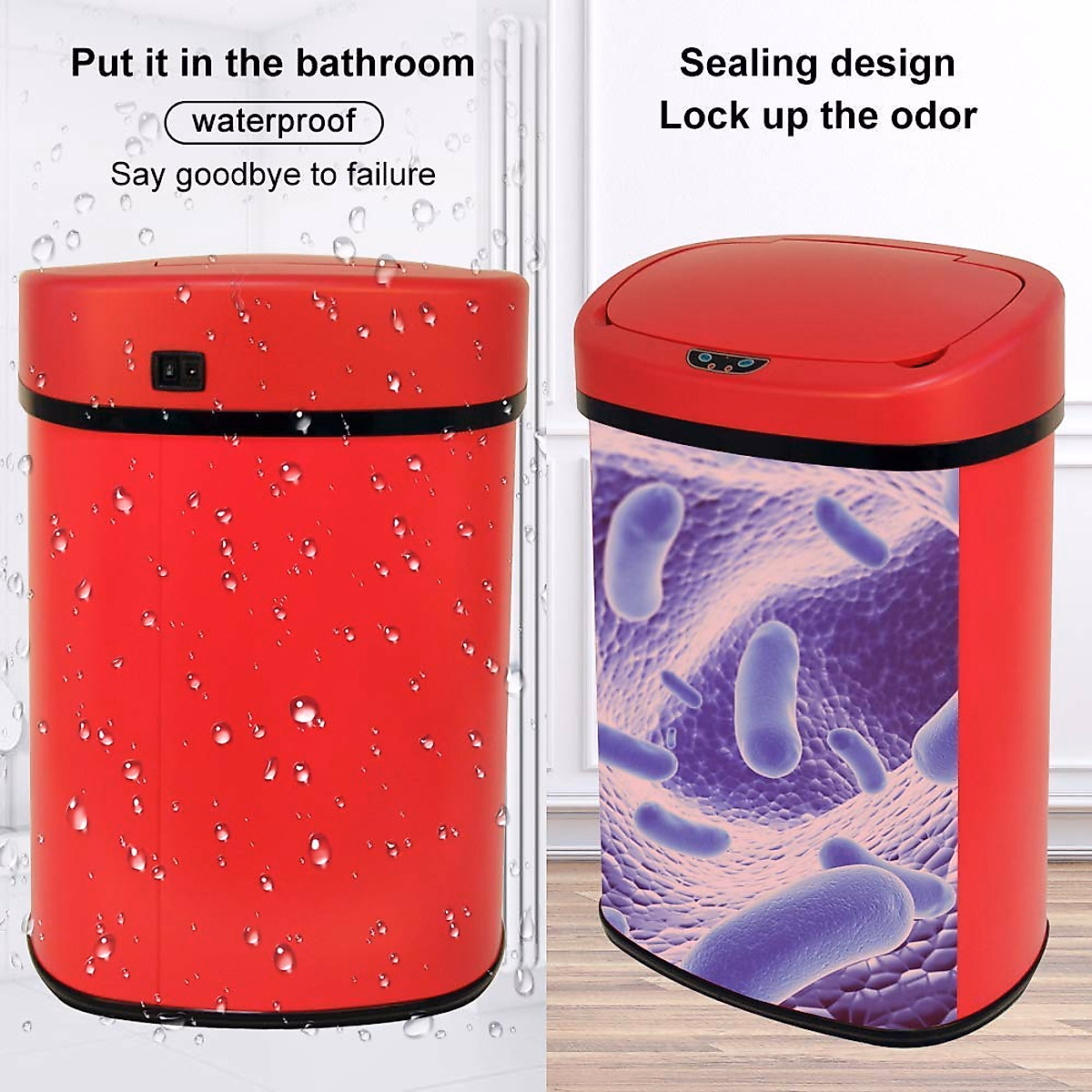 13 Gallon/50L Automatic Kitchen Trash Can with Lid, Touchless Garbage Can, Stainless-Steel Trash Cans Electronic Motion Sensor Smart Trash Bin for Kitchen Office Bathroom, Red