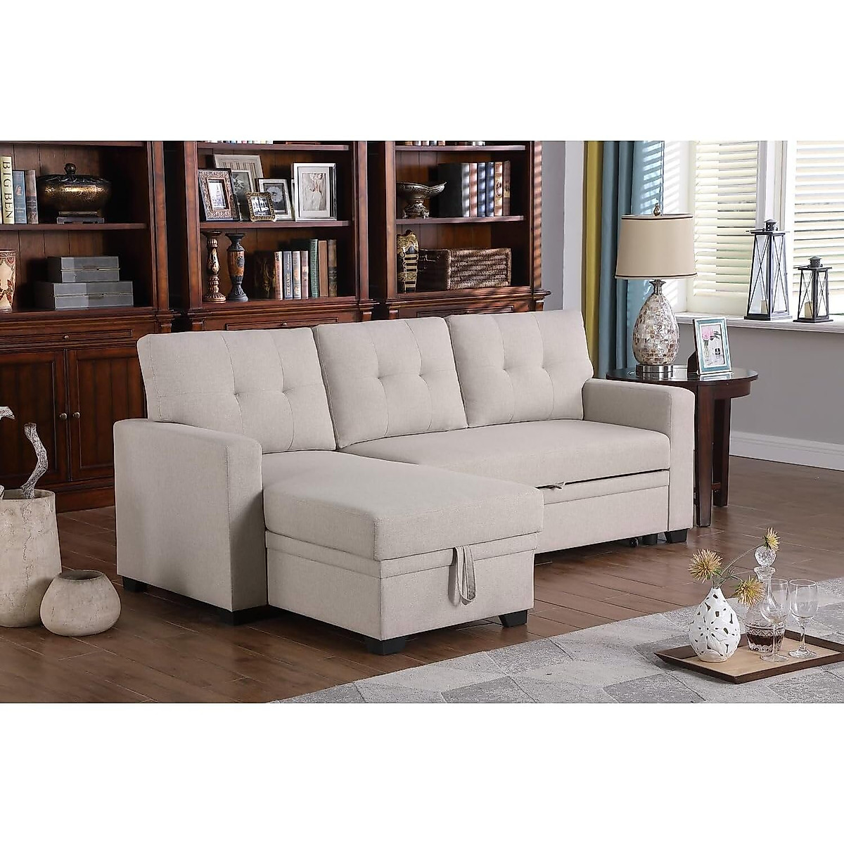 HomeStock City Chic L-Shaped Fabric Reversible, Easy Convertible Pull-Out Sleeper Sectional Sofa/Storage Chaise with Tufted Back Cushions and Track Arms-Beige
