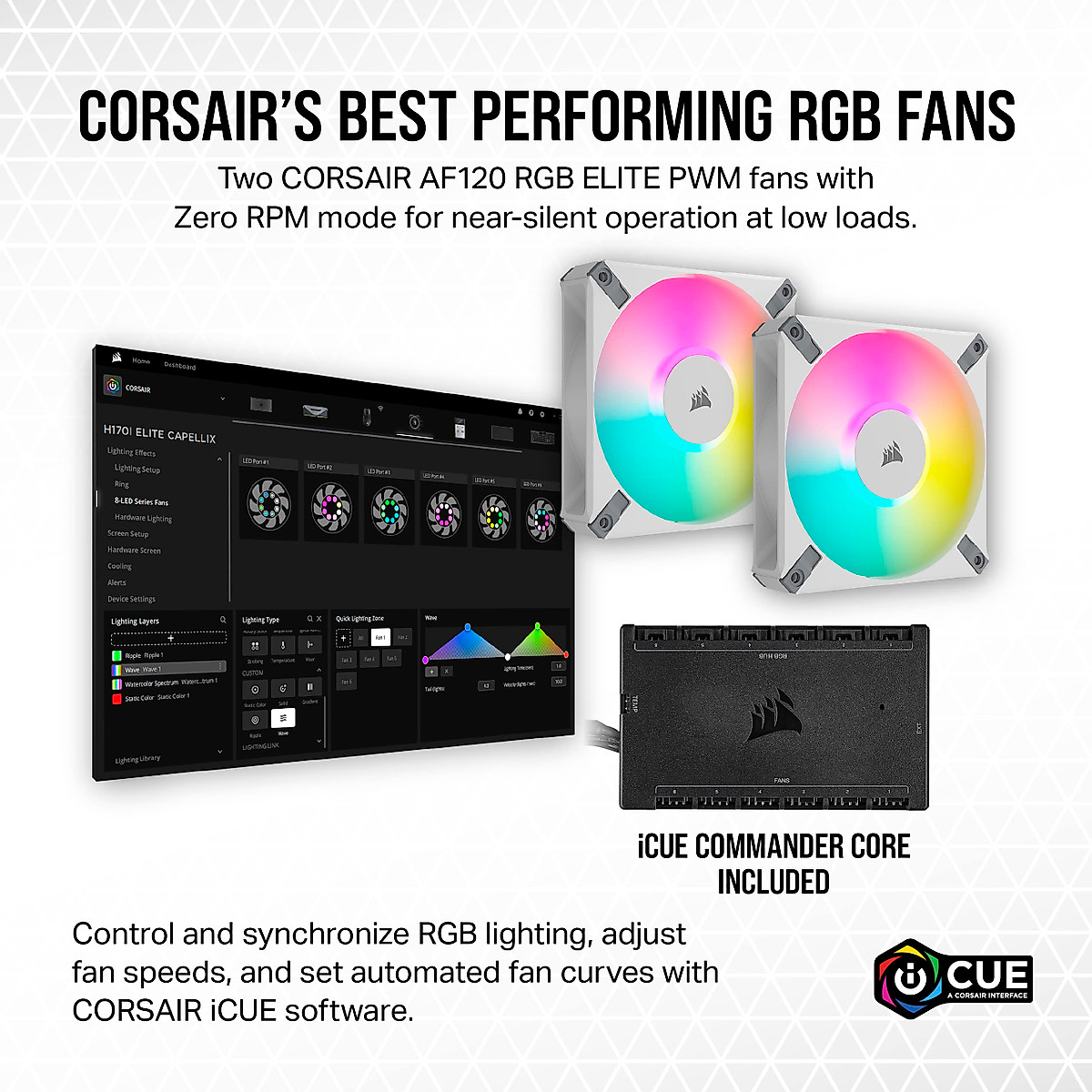 Corsair iCUE H100i Elite CAPELLIX XT Liquid CPU Cooler - Two AF120 RGB Elite Fans - 240mm Radiator - Intel® LGA 1700, 1200, 115X, 2066, AMD® AM5, AM4 - Included iCUE Commander CORE - White