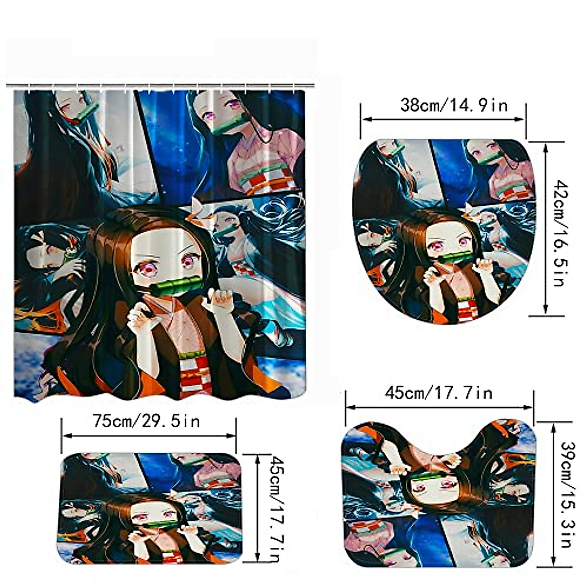 4 Piece Anime Shower Curtain Sets with Non-Slip Rugs, Toilet Lid Cover, Bath Mat and 12 Hooks, Bathroom Decor Set Accessories Waterproof Shower Curtains