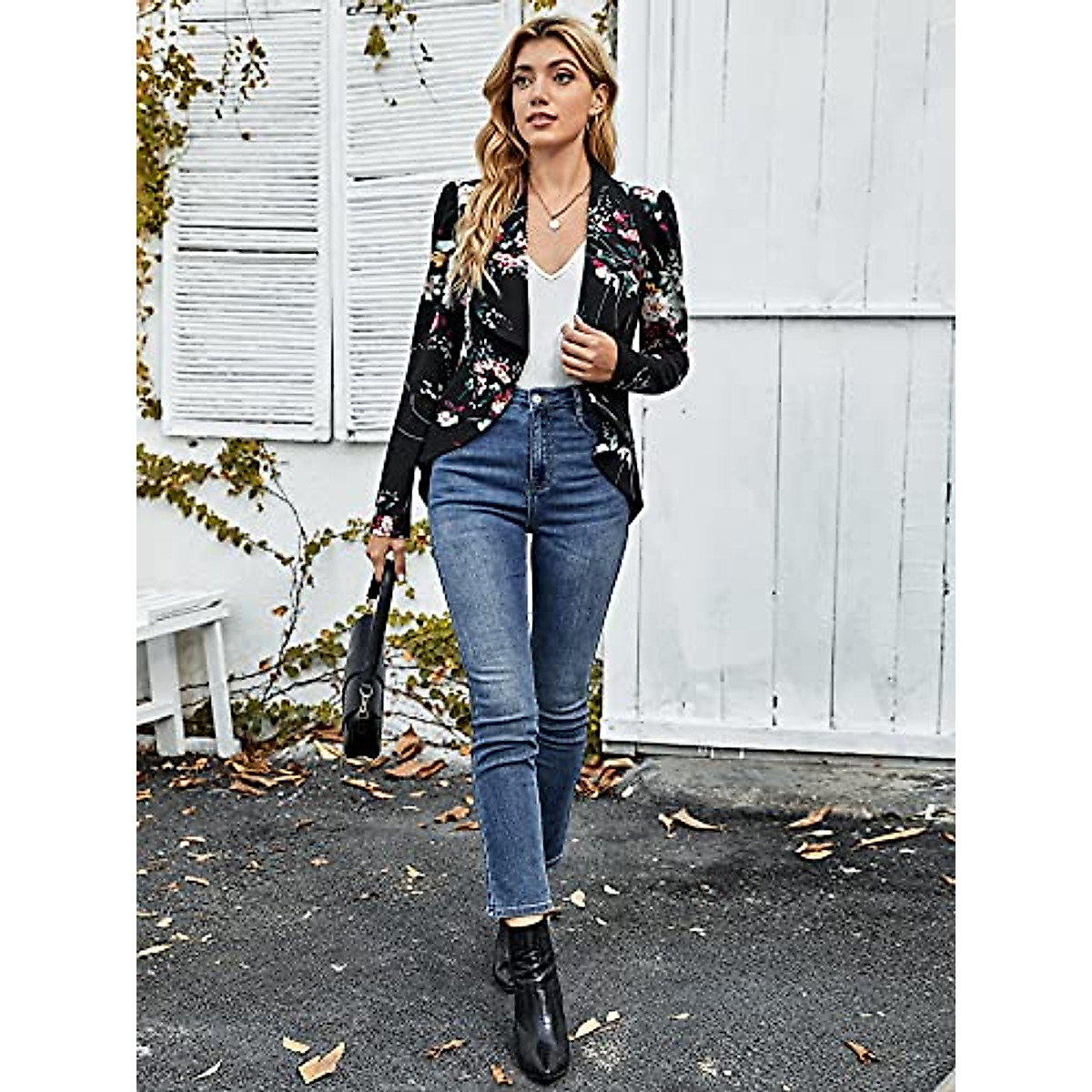 Milumia Women's Floral Print Waterfall Collar Blazer Asymmetrical Hem Suit Outerwear Black X-Large