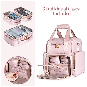 Prokva Large Makeup Cosmetic Bag with 3 Removable Case, Double Layer Travel Makeup Organizer Case with Inner Dividers and Makeup Brushes Storage Section, Pink (Patented Design)