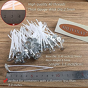 MILIVIXAY 3.5 inch Candle Wick Bundle: 100PCS Candle Wicks, 100PCS Candle Wick Stickers and 6PCS Wooden Candle Wick Holders - Wicks Coated with Paraffin Wax, Cotton Wicks Kits for Candle Making.