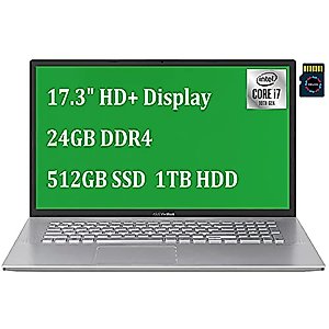 Asus Vivobook 2021 Premium 17 Laptop Computer I 17.3" HD+ Display I 10th Gen Intel 4-Core i7-1065G7 I 24GB DDR4 512GB SSD 1TB HDD I USB-C Bluetooth Webcam Win10 Silver + 32GB Micro SD Card